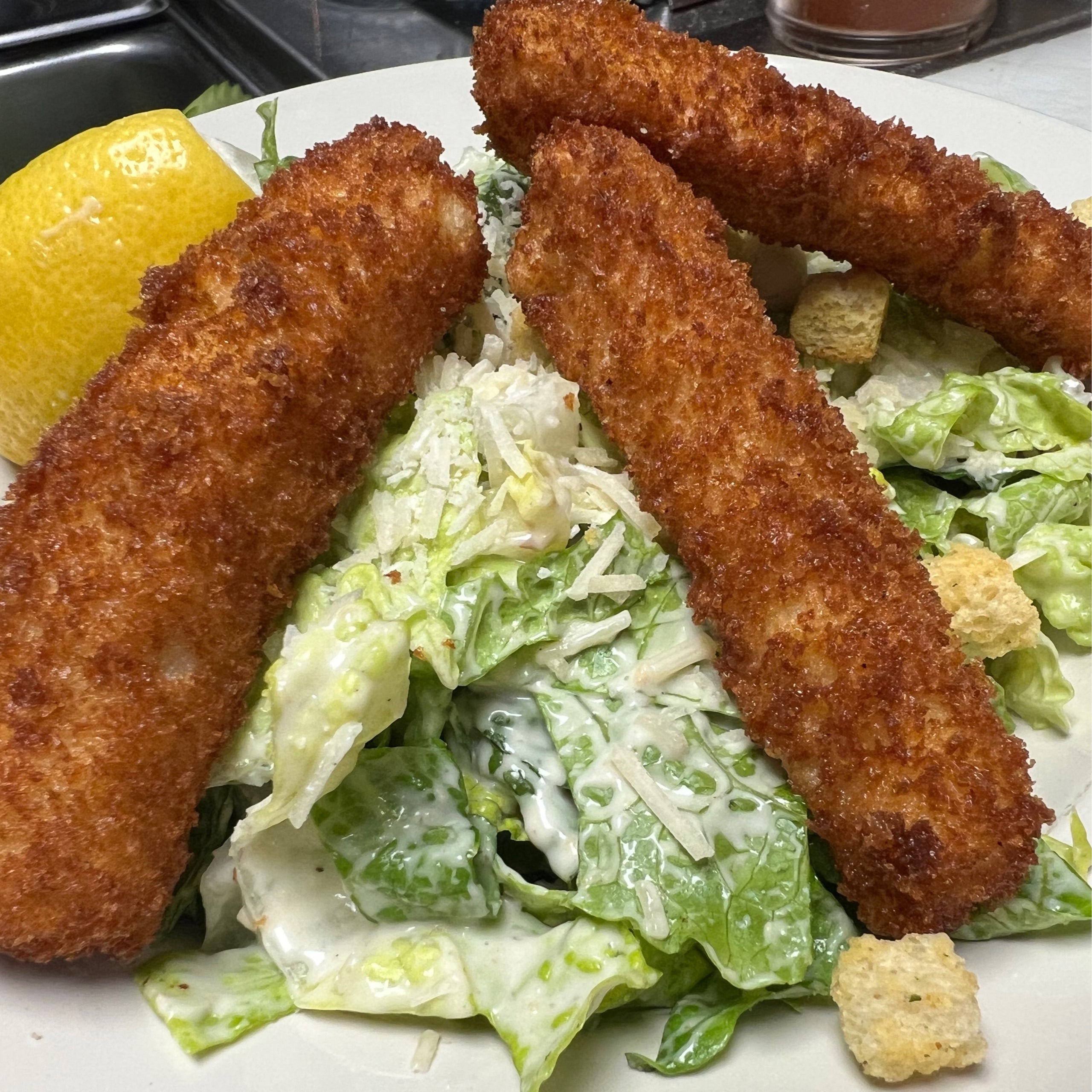 Crispy Cod Fish Caesar Salad (L) | SuperKim Crab House
